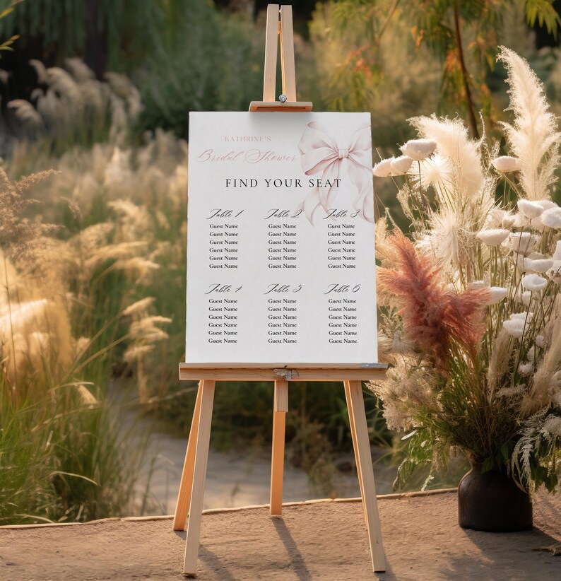 Pink Bow Bridal Shower Seating Chart Editable Canva Template Pink ...