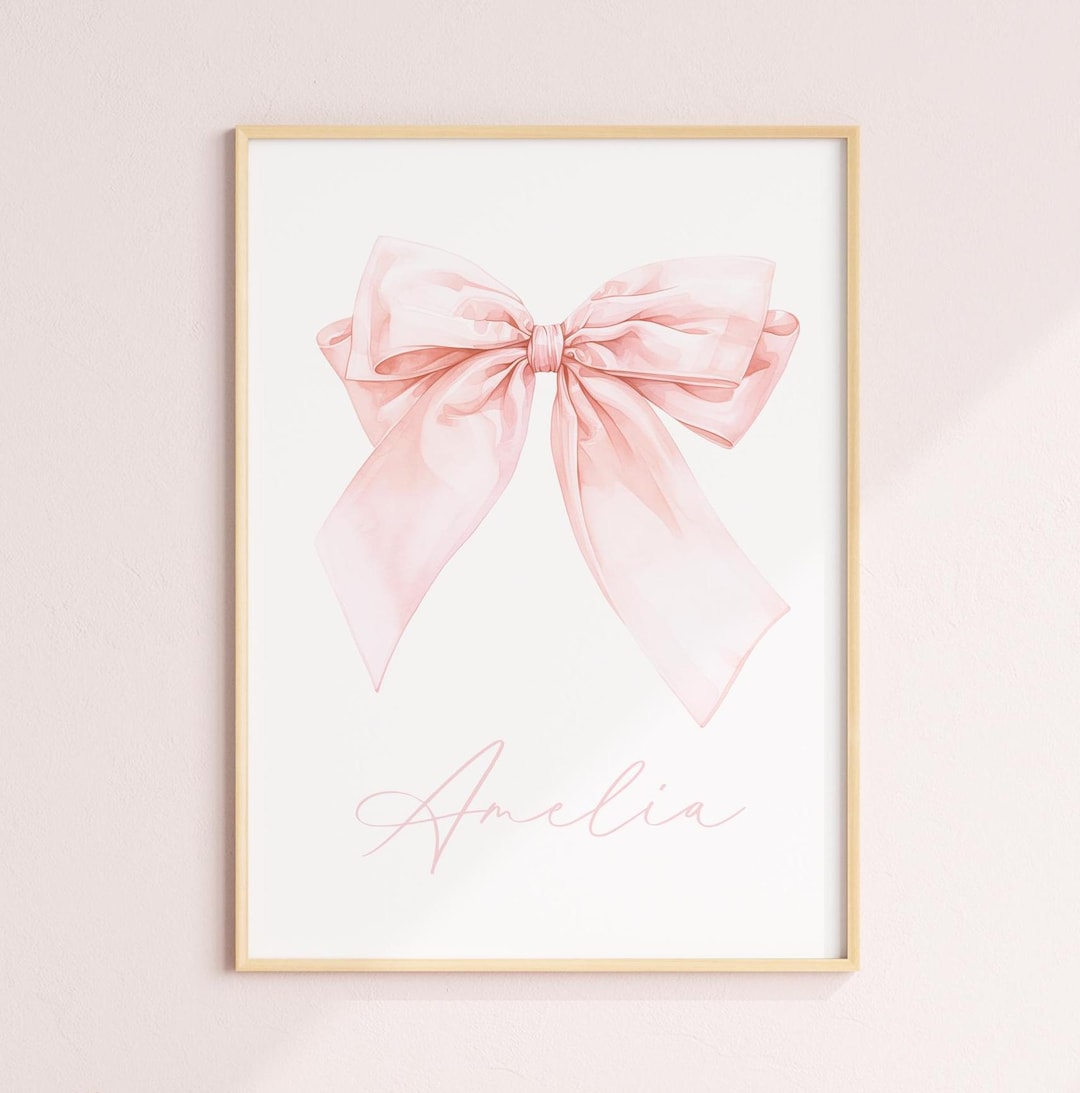 Pink Bow Custom Name Wall Art Vertical Template Nursery Print Baby Girl ...