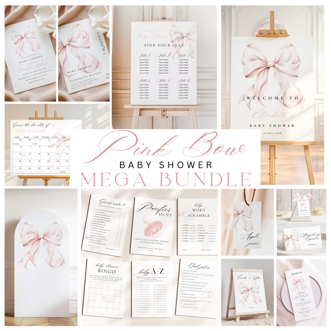 Pink Bow Baby Shower MEGA BUNDLE Printable Templates Baby Girl Baby ...