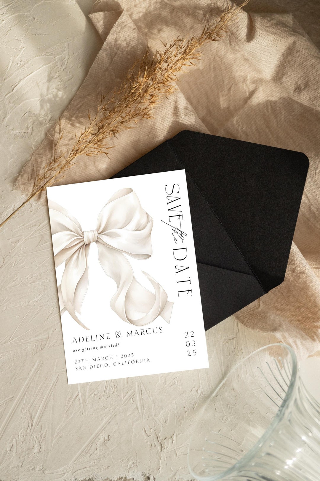 Ivory Bow Save the Date Card Template Elegant Modern Minimal Sleek ...