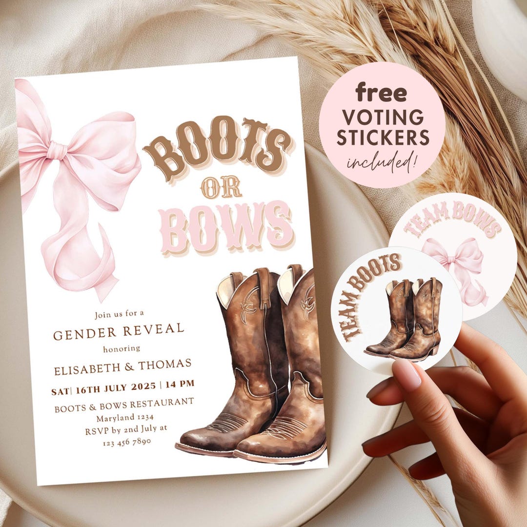 Boots or Bows Gender Reveal Invitation Template | Pink and Brown ...