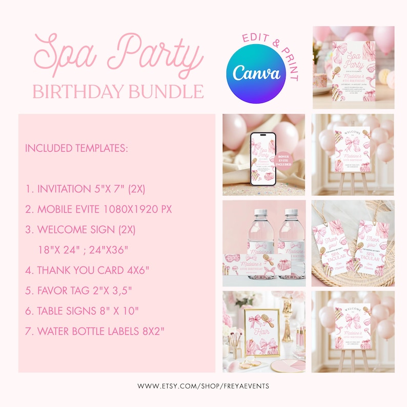 BUNDLE Spa Birthday Party Printables | Pink Pamper Party Theme Editable ...