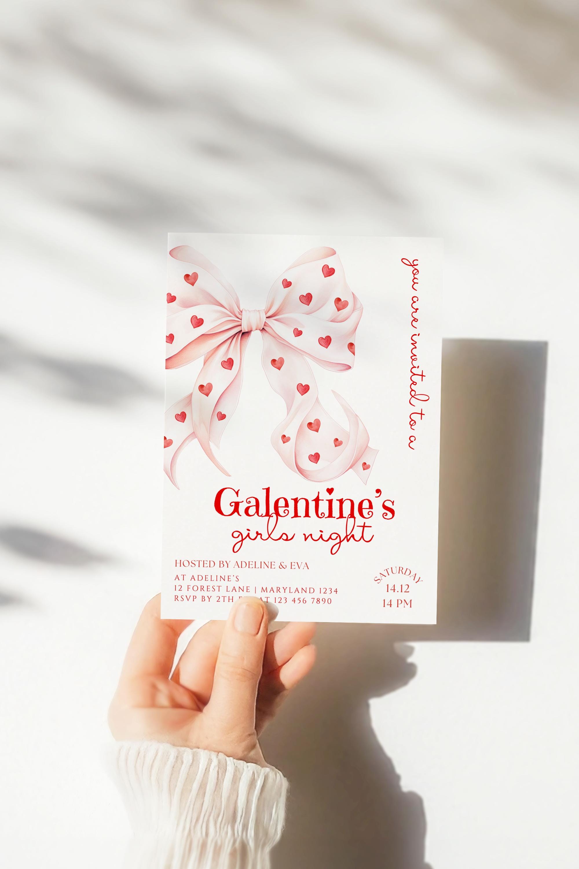 Galentine's Day Girls Night Out Invitation Template Pink Bow Red Hearts ...