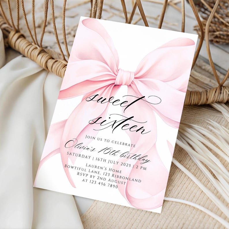 Pink Bow Sweet Sixteen 16th Birthday Welcome Sign Canva Template - Etsy