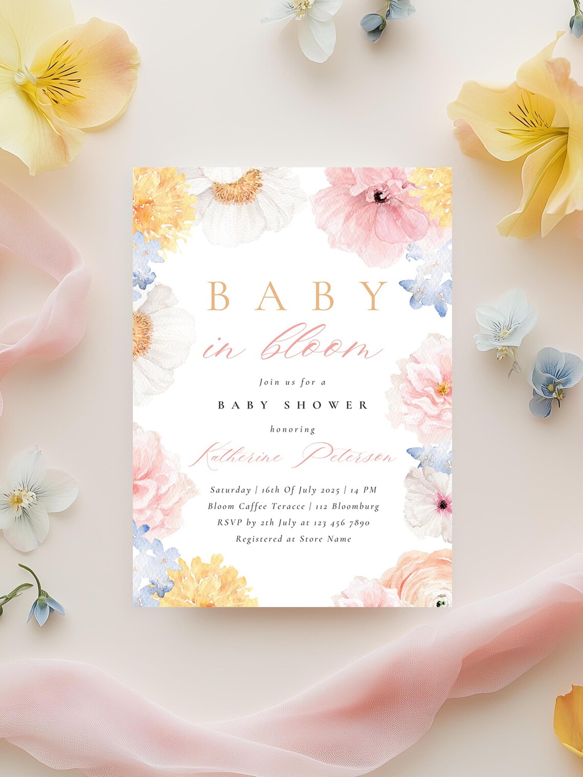 Pastel Watercolor Floral Baby in Bloom Baby Shower Invitation Template ...