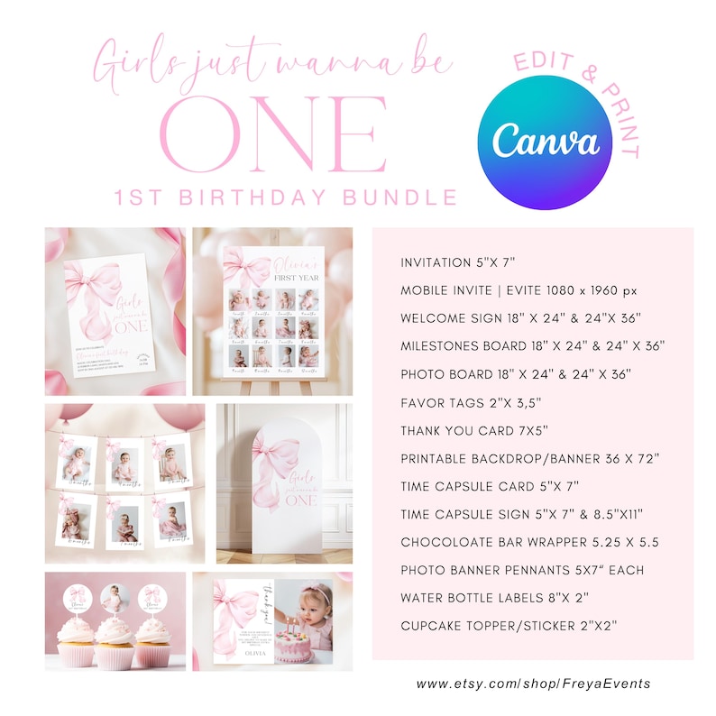 Girls Just Wanna Be ONE Pink Bow 1st Birthday BUNDLE Templates Girl ...