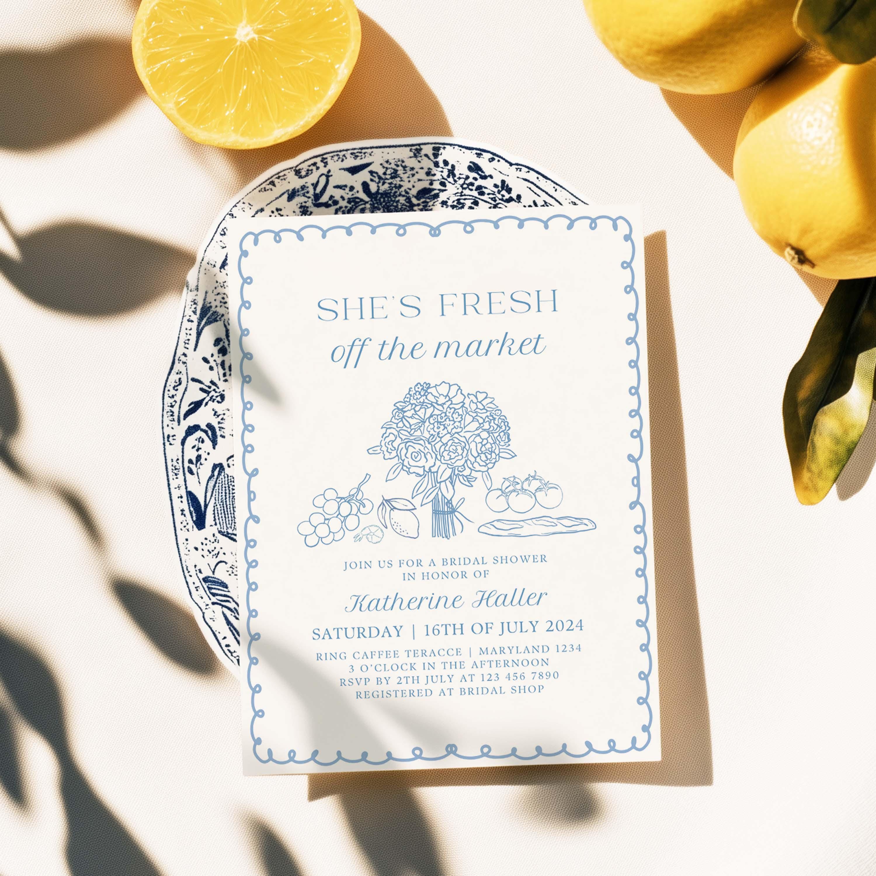 She's Fresh off the Market Bridal Shower Invitation Canva Template Hand ...