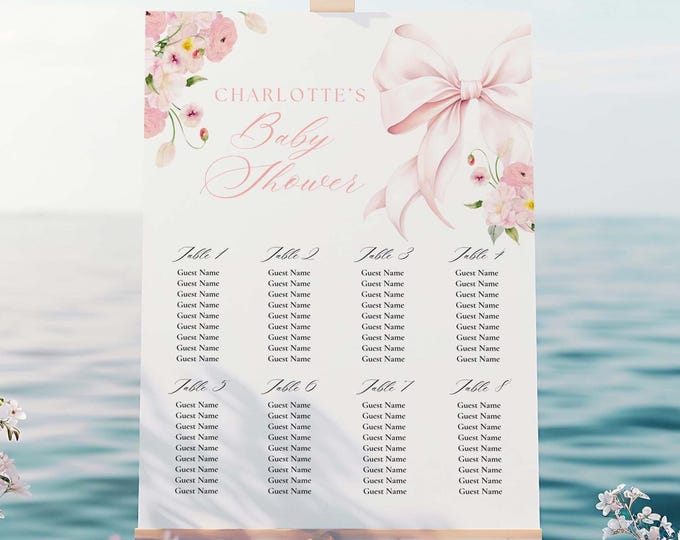 Floral Pink Bow Baby Shower Seating Chart Editable Canva Template Pink ...