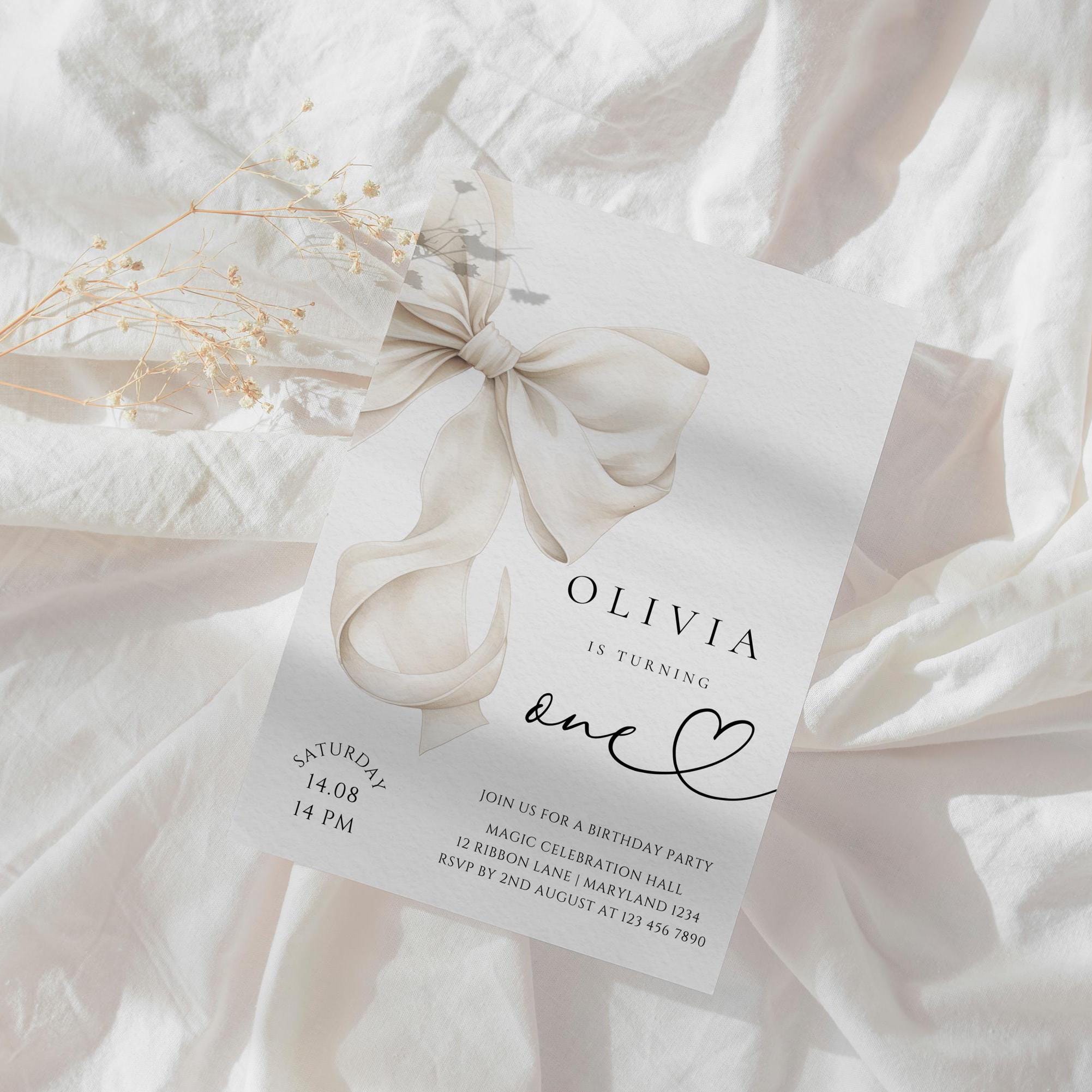 Neutral Bow Birthday Party Invite 1st Birthday Invitation Elegant White ...
