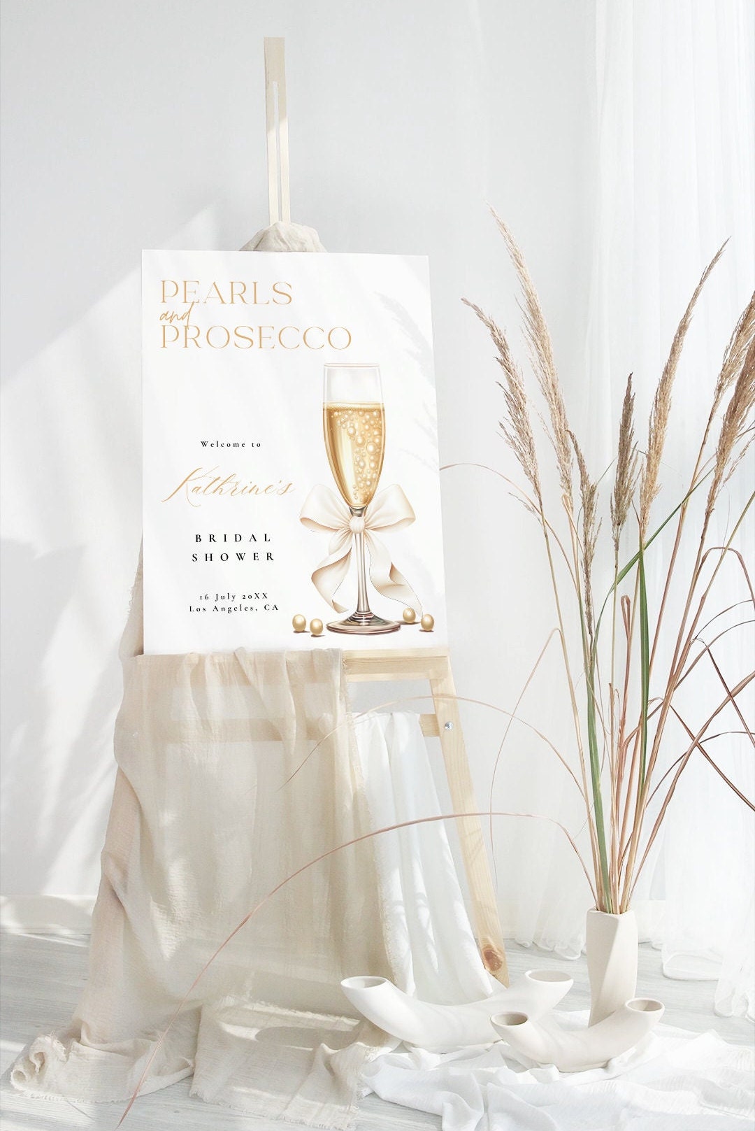 Pearls and Prosecco Bridal Shower Welcome Sign Template Gold Bow Bridal ...