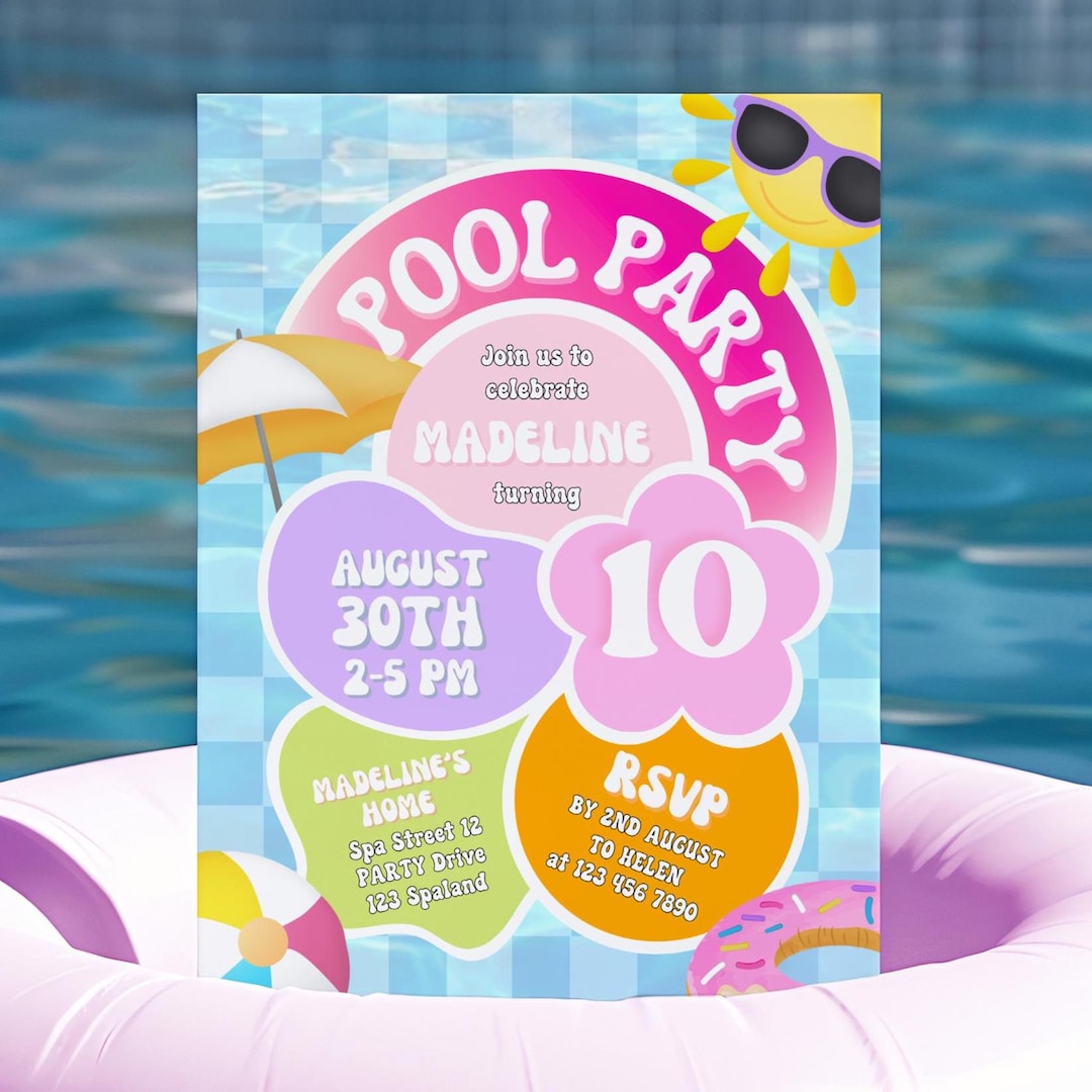 Pool Party Invitation Template Groovy Retro Birthday Invite Pool Party ...