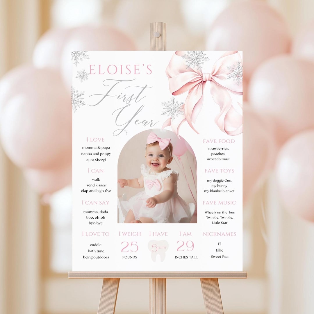 Pink Bow Winter Onederland First Birthday Milestone Template, First ...