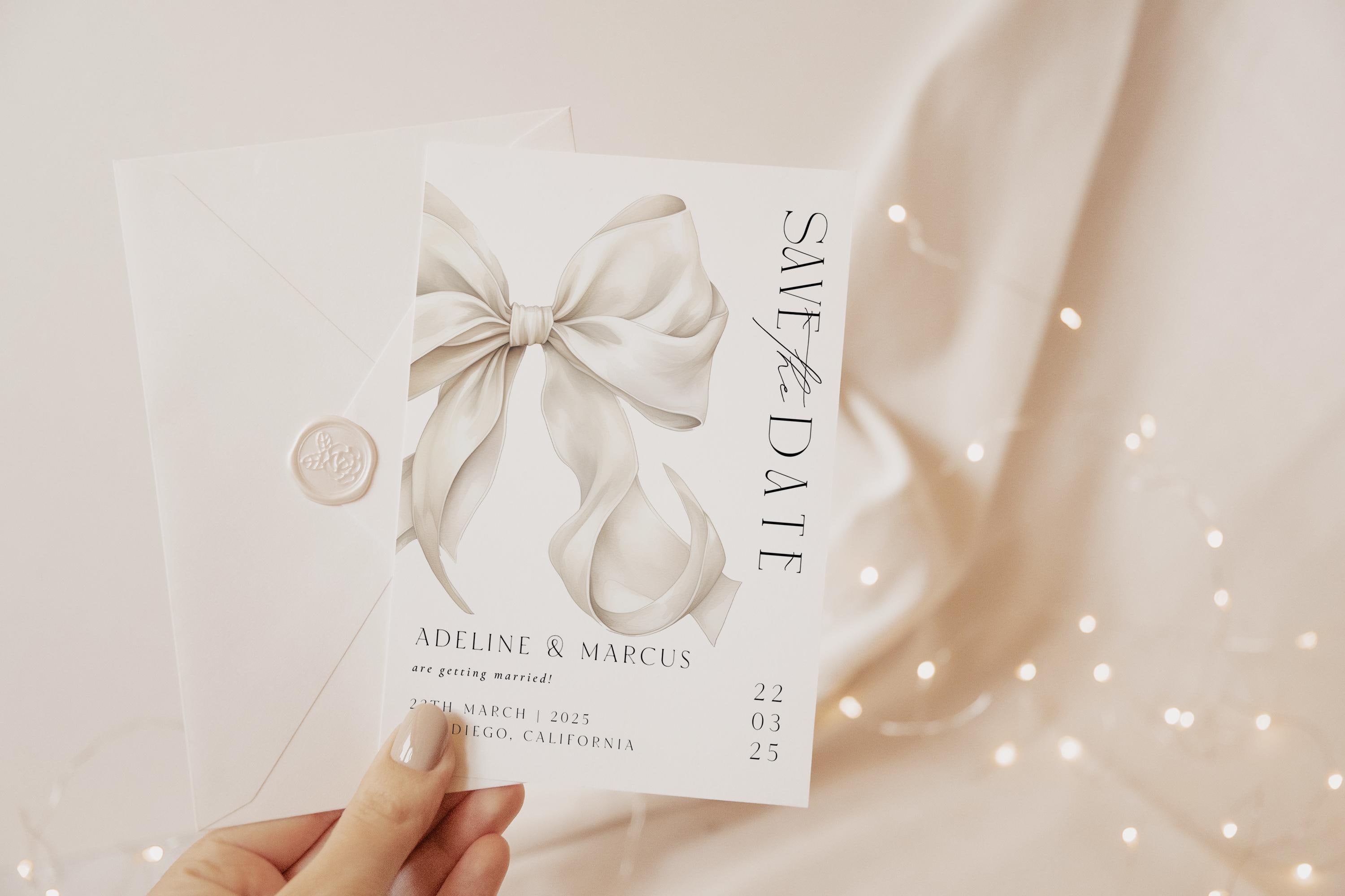 Ivory Bow Save the Date Card Template Elegant Modern Minimal Sleek ...