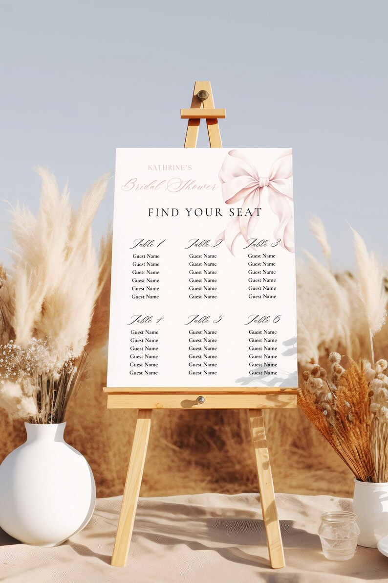 Pink Bow Bridal Shower Seating Chart Editable Canva Template Pink ...