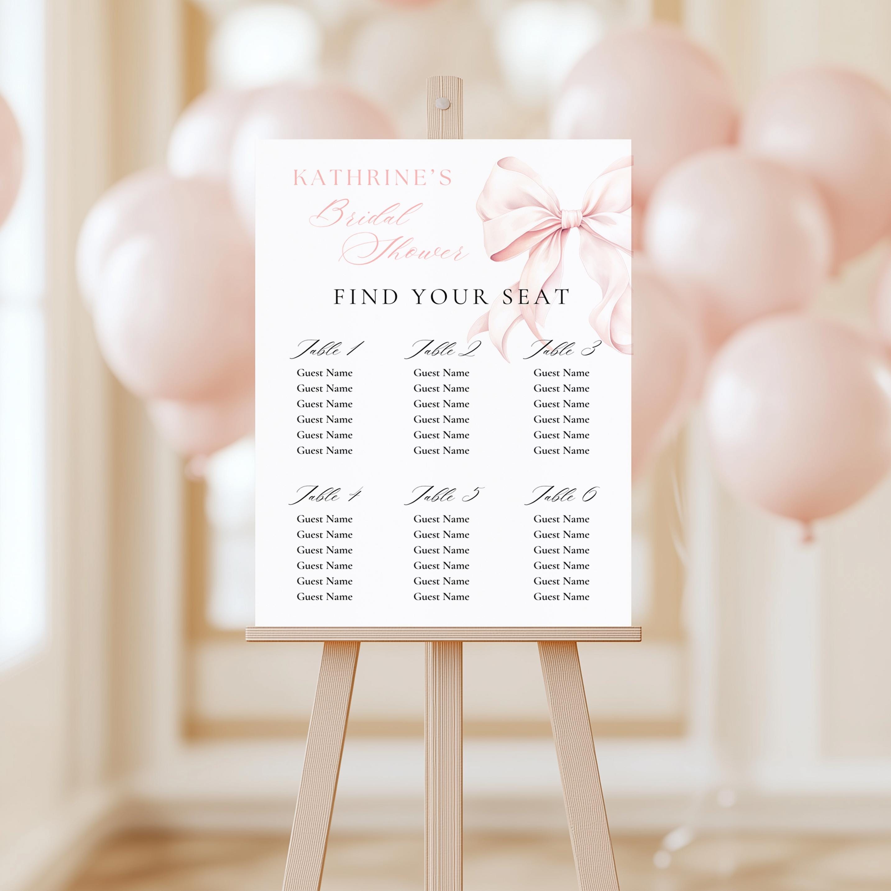 Pink Bow Bridal Shower Seating Chart Editable Canva Template Pink ...