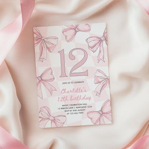 RETRO Hand Drawn 12th Birthday Invitation Template Teenager Pink Bow ...