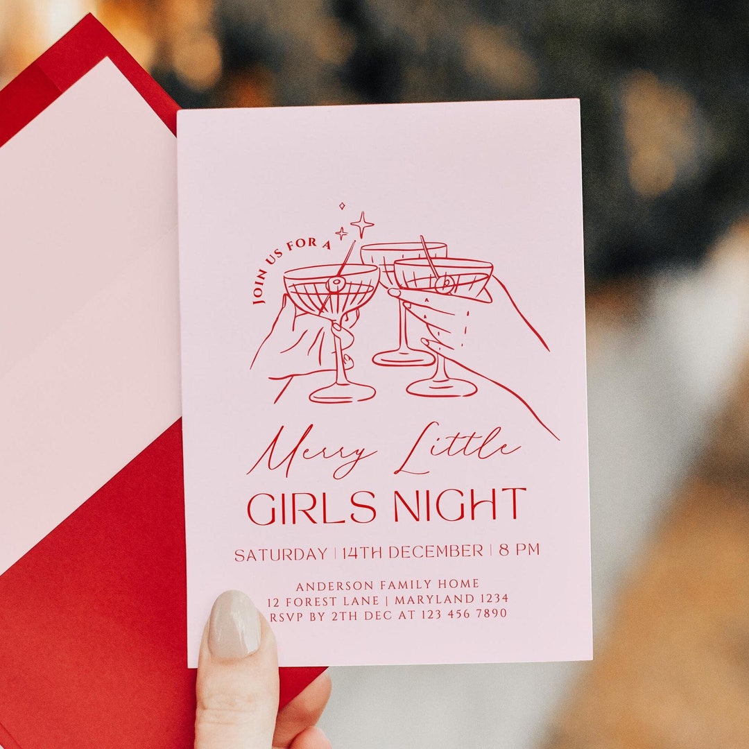 Pink and Red Girls Night Christmas Party Invitation Holiday Friendmas ...