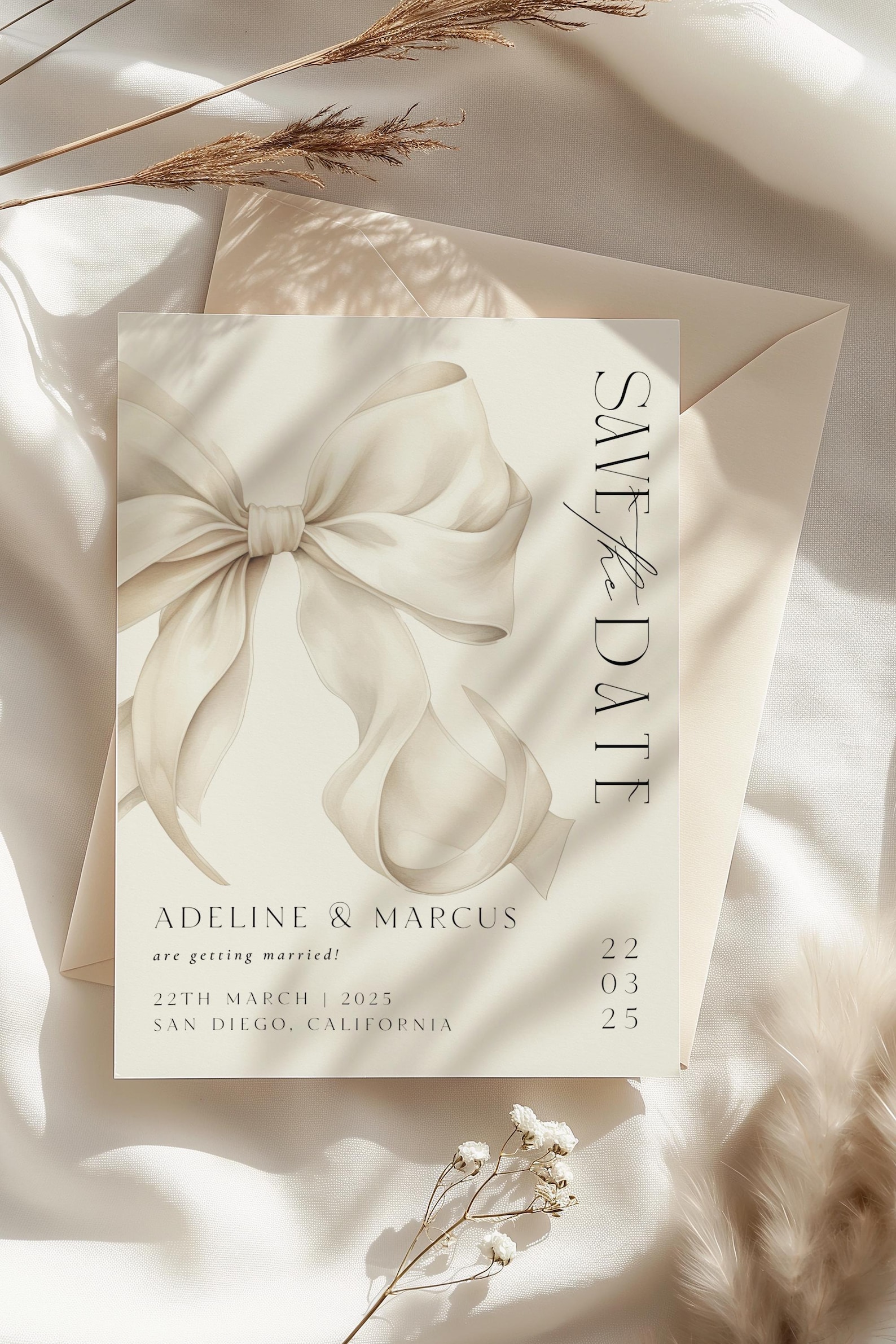 Ivory Bow Save the Date Card Template Elegant Modern Minimal Sleek ...