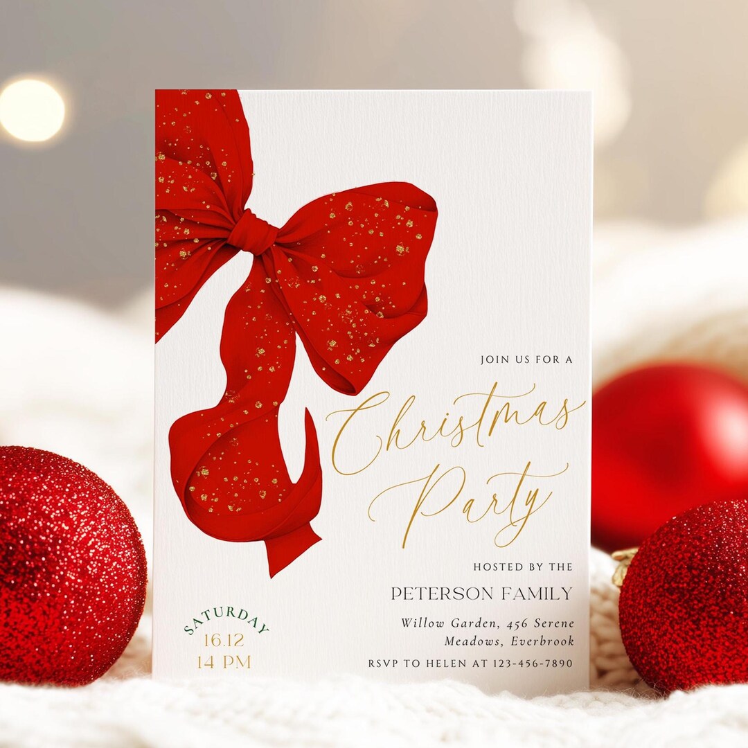 Deep Red Bow Christmas Party Invitation Canva Template Holiday Gold ...