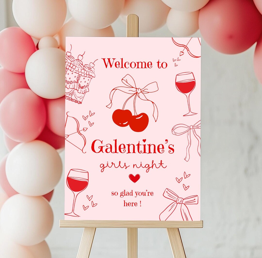 Galentine's Girls Night Welcome Sign Template Coquette Cherry Bow Retro ...