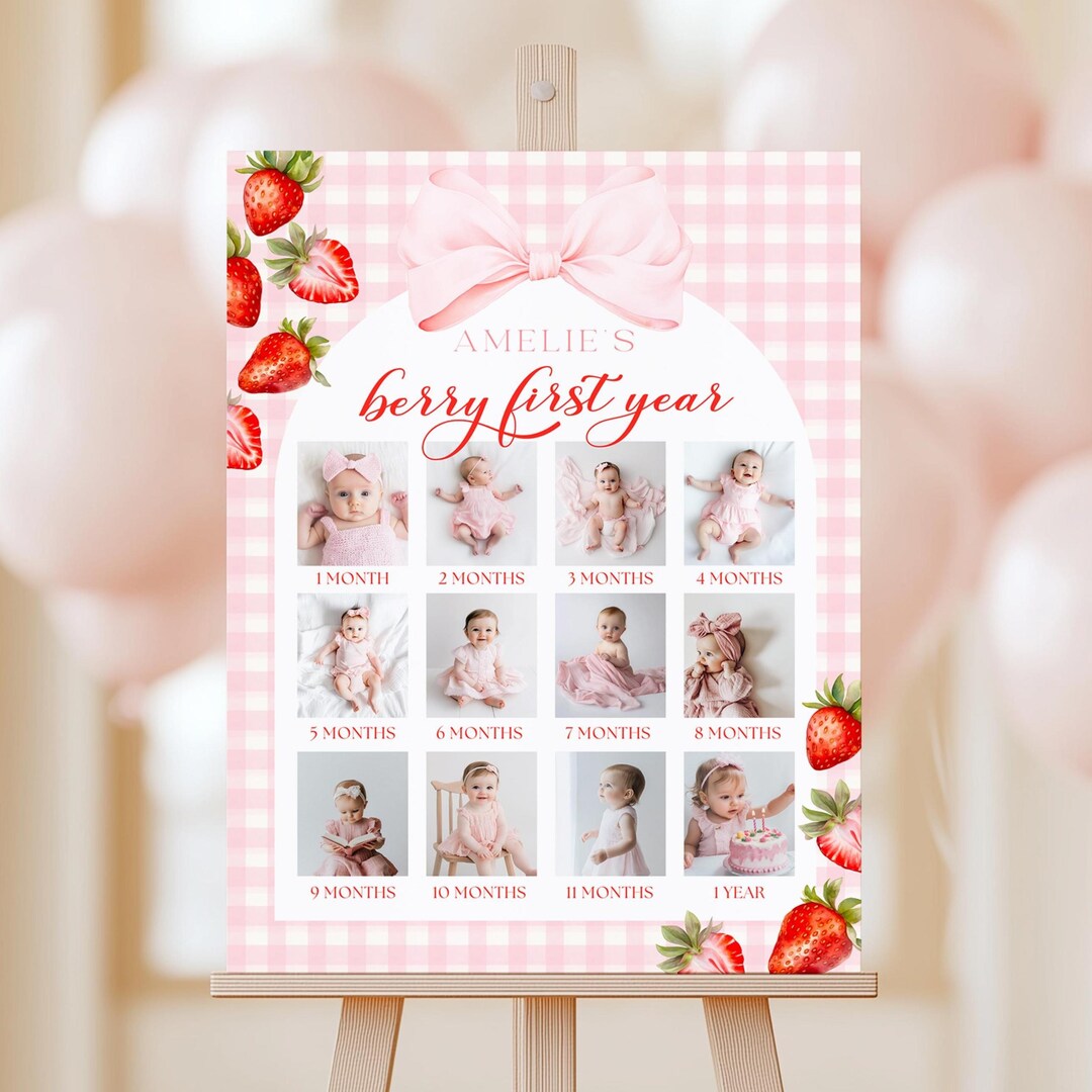 Berry First 1st Birthday Photo Board Poster Gingham Girl 1st Birthday ...