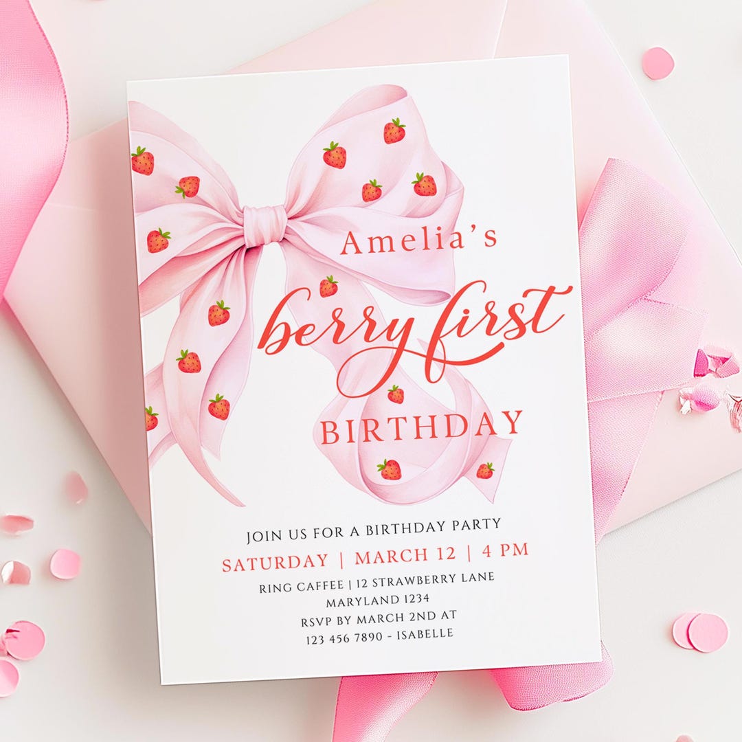Pink Bow Berry First Birthday Invitation Template Girl Strawberry First ...