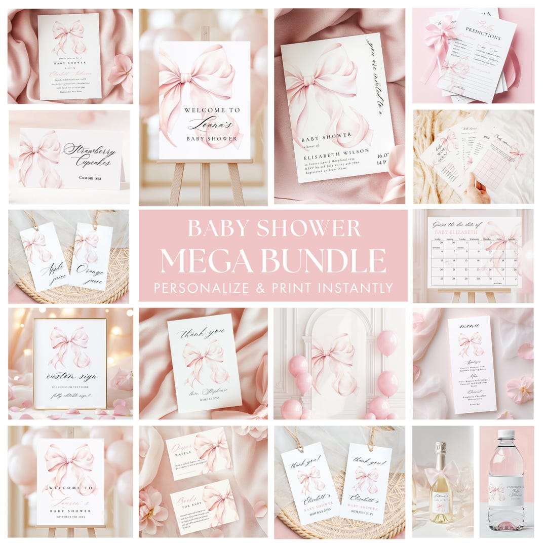Pink Bow Baby Shower MEGA BUNDLE Printable Templates Baby Girl Baby ...