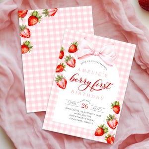 Pink Bow Berry First Birthday Invitation Template Girl Strawberry First ...