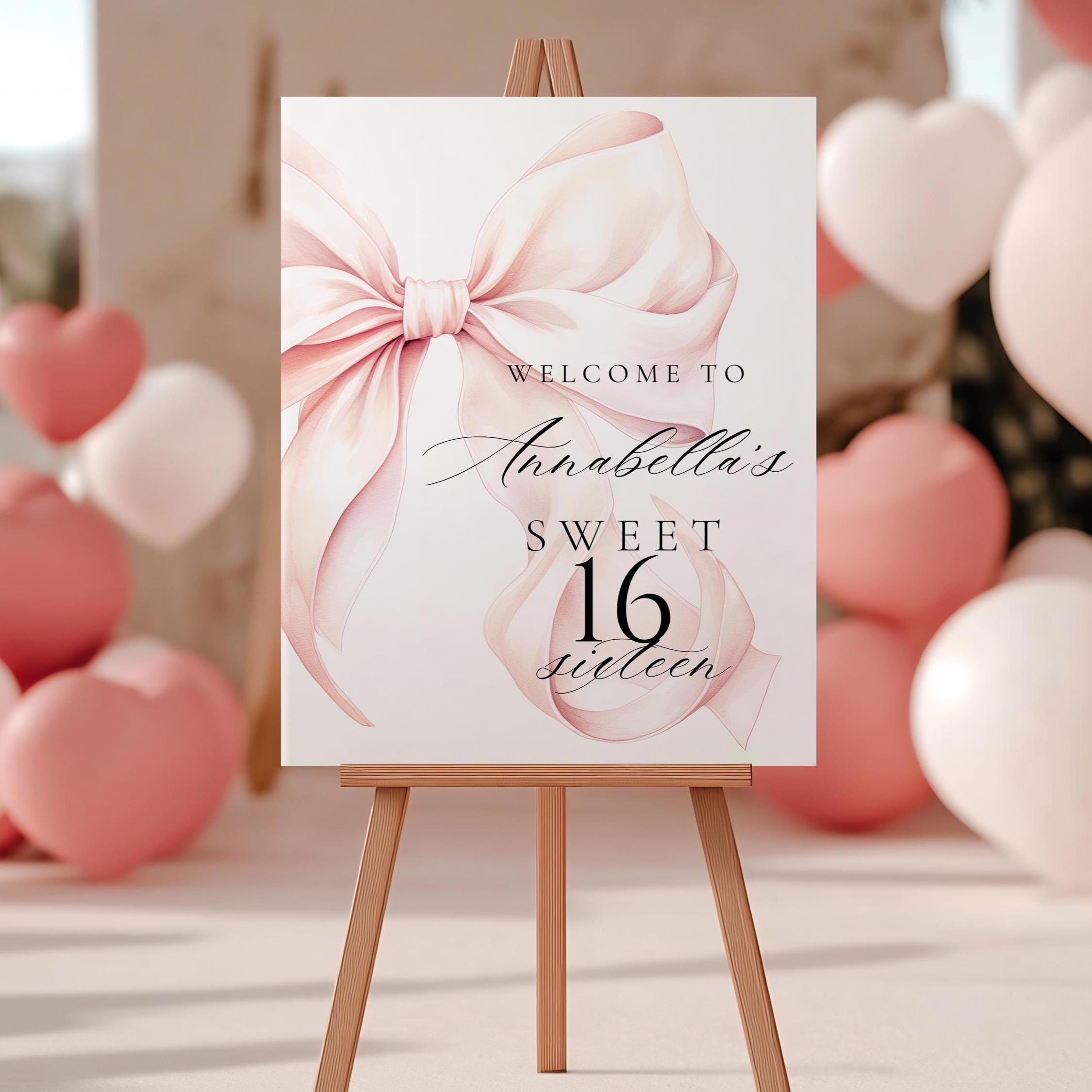 Pink Bow Sweet 16 Birthday Welcome Sign Girl Birthday Welcome Poster ...