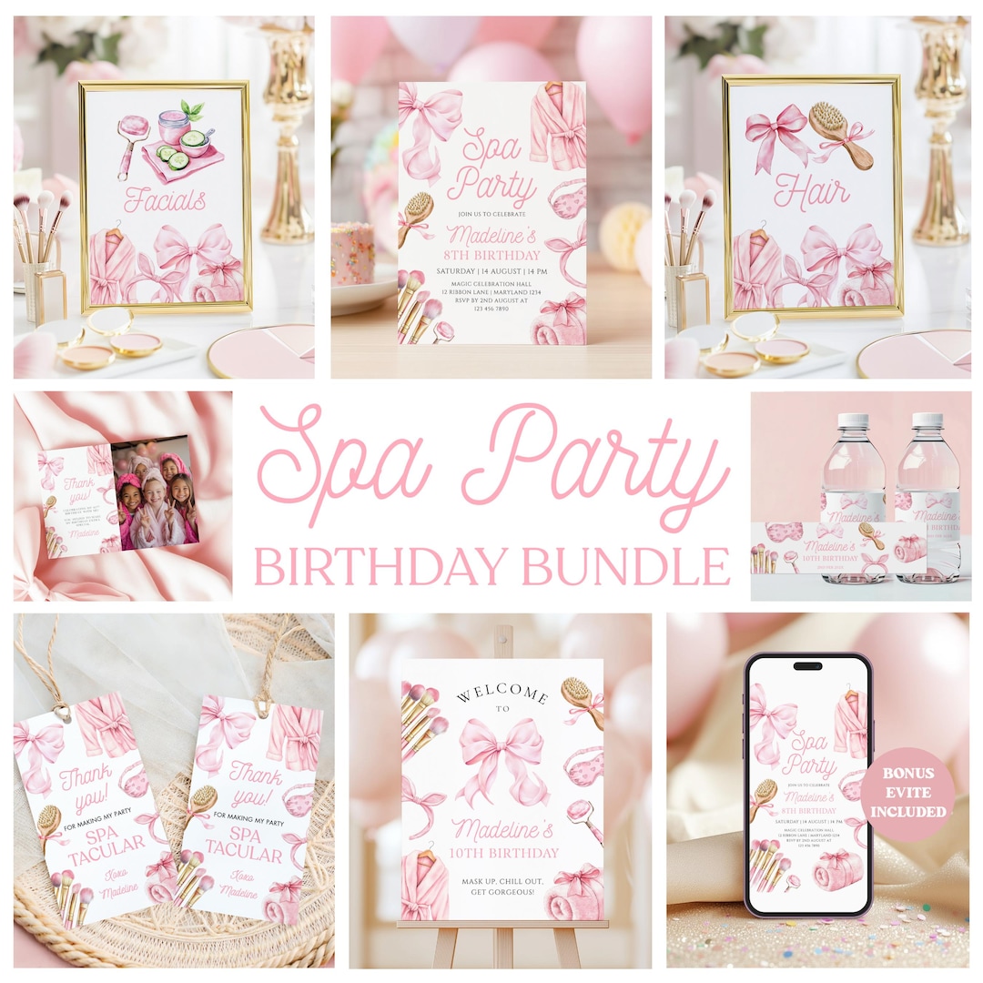 BUNDLE Spa Birthday Party Printables | Pink Pamper Party Theme Editable ...