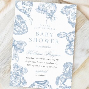 Toile De Jouy Baby Shower Invitation Template Editable Dusty Blue ...