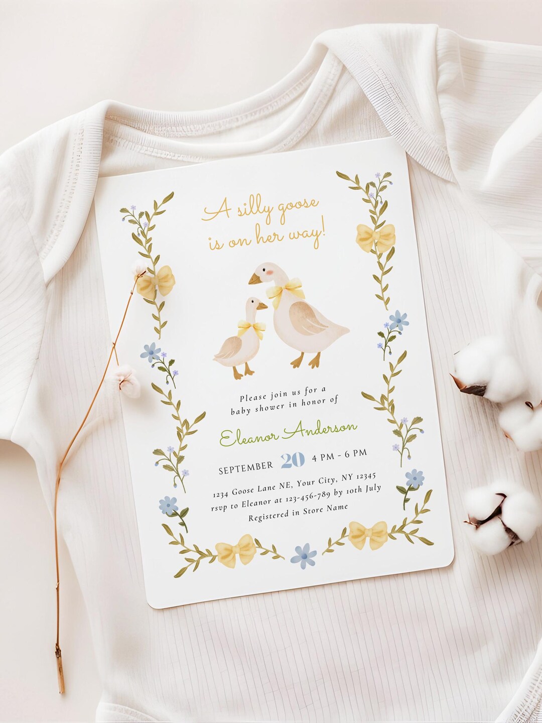 Vintage Goose Baby Shower Invitation Simple Watercolor Mama and Baby ...