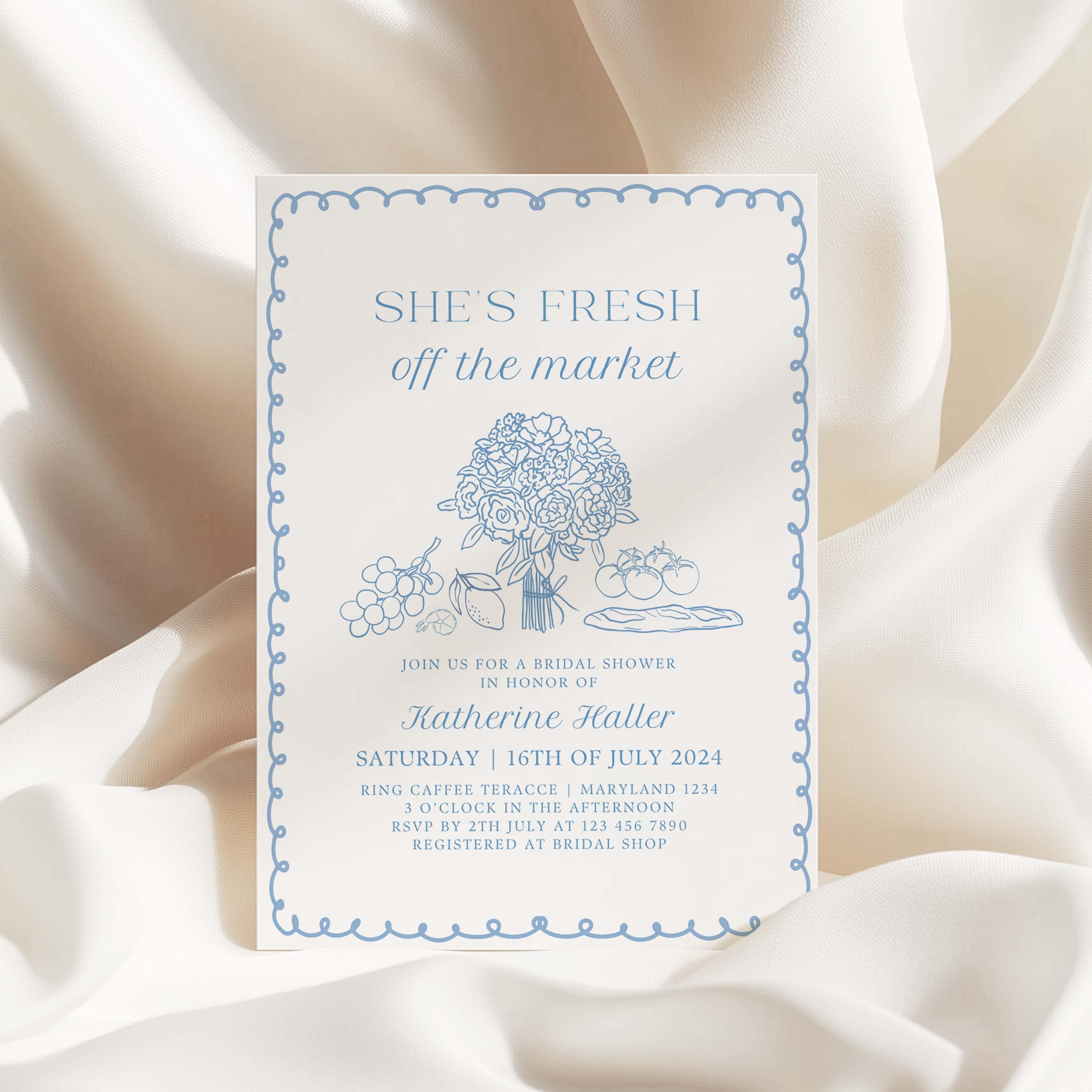 She's Fresh off the Market Bridal Shower Invitation Canva Template Hand ...