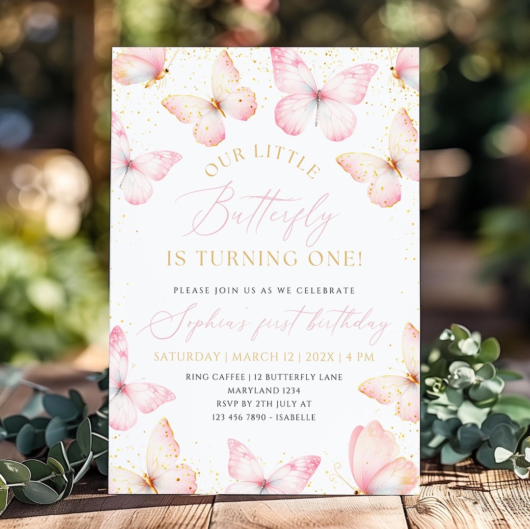 Pink Butterfly 1st Birthday Invitation Template Little Butterfly ...