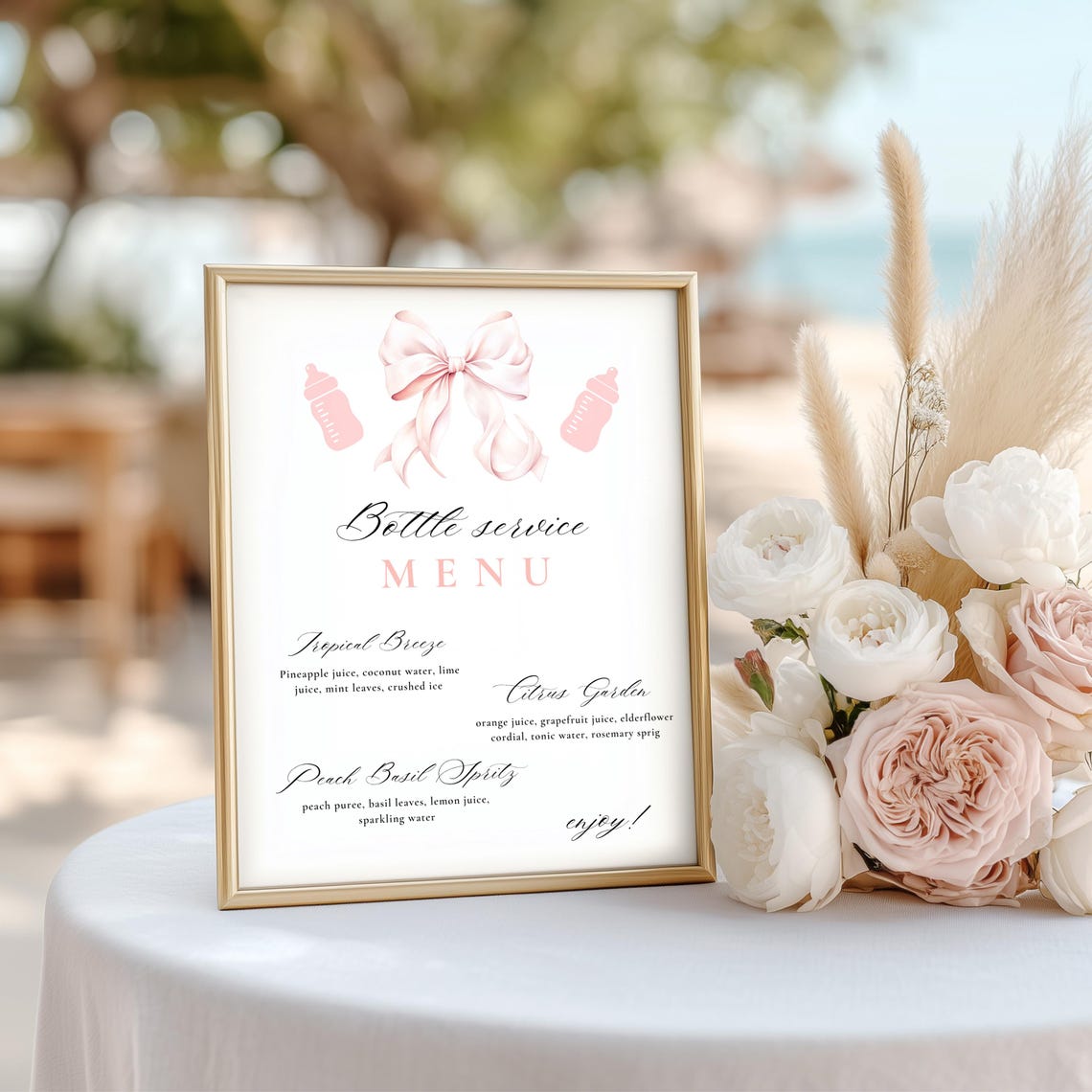 Pink Bow Bottle Service Menu Canva Template Baby Shower Mocktail Bar ...