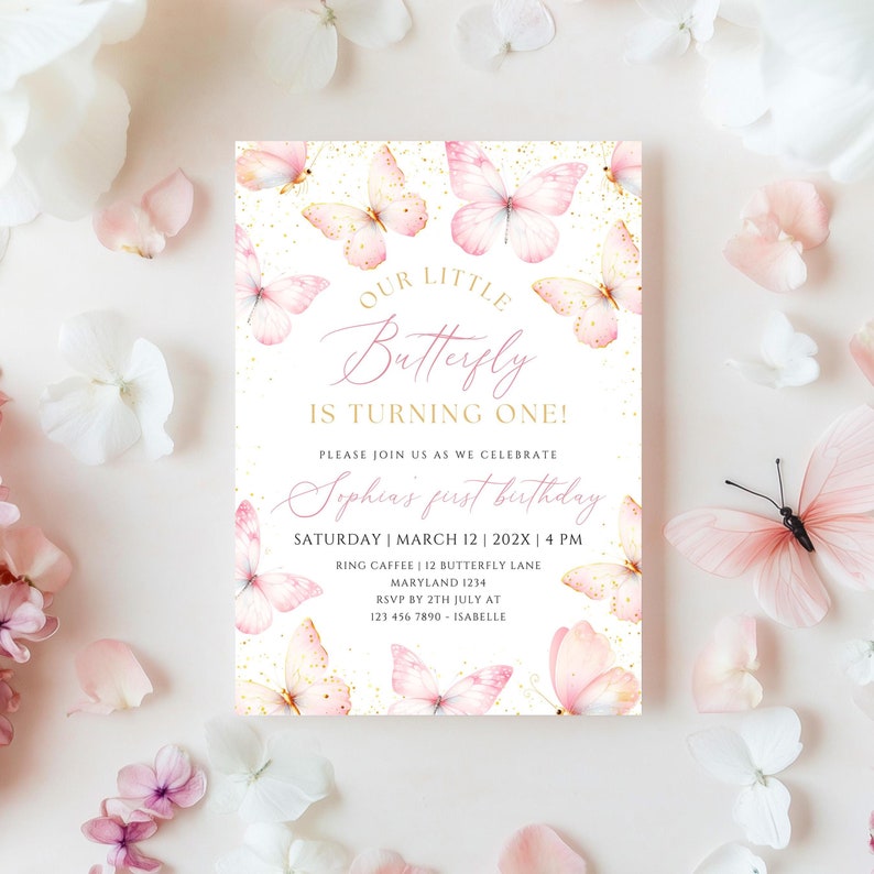 Pink Butterfly 1st Birthday Invitation Template Little Butterfly ...