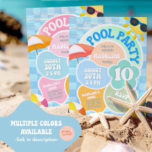 Checkered Pool Party Invitation Template Pink Groovy Retro Birthday ...