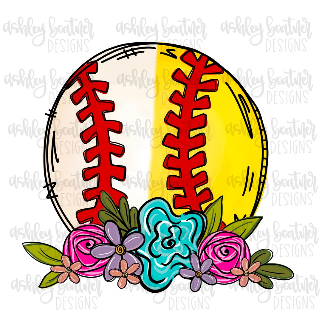 Baseball and Softball Split Floral Sublimation Design | Hand Drawn PNG ...