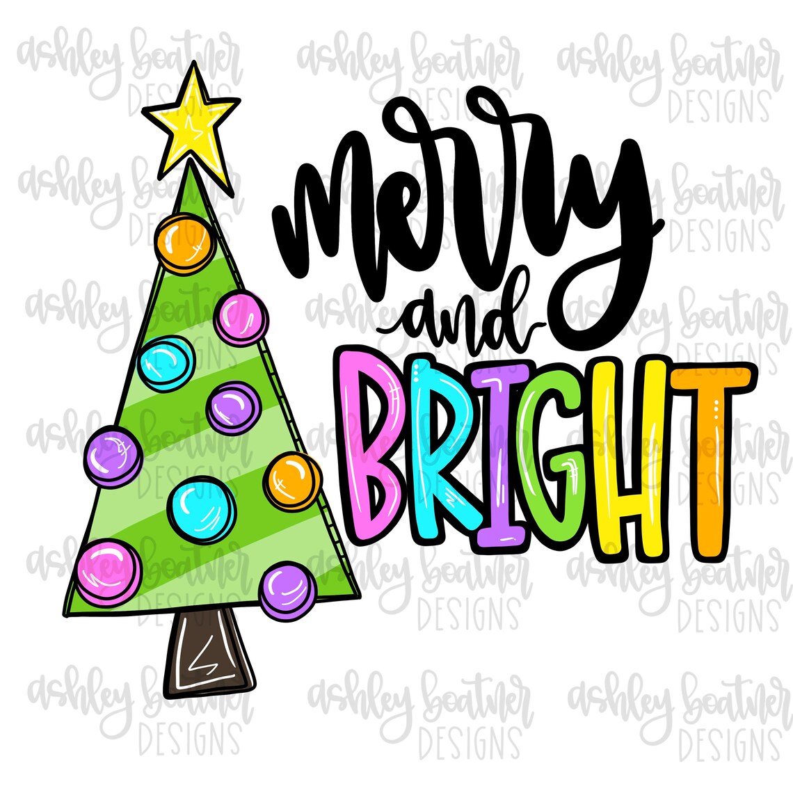 Merry and Bright Christmas Tree PNG | Hand Drawn Sublimation Design ...