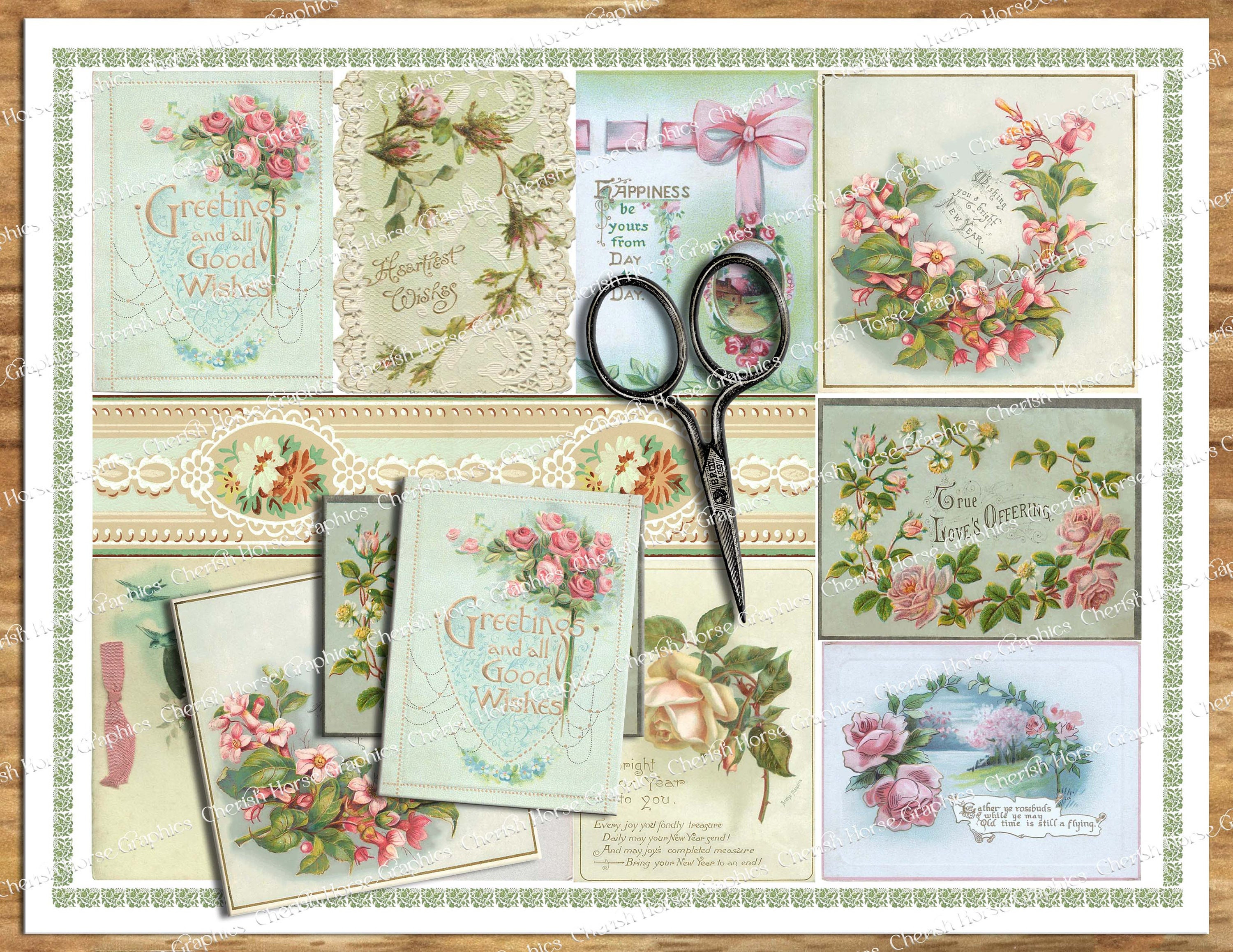 Shabby Blue-green Ephemera Collage Sheet – Printable Floral Images ...