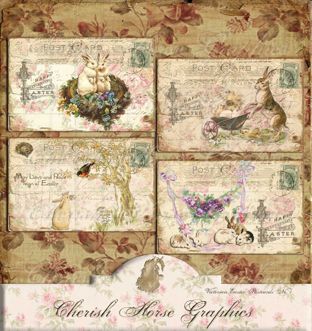 Victorian Easter Bunny Postcards Set of 4 - Instant Download Digital ...