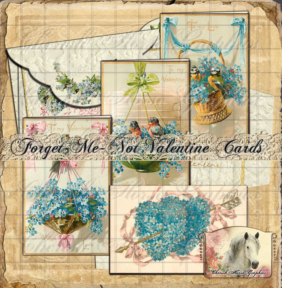 Vintage Forget-me-not Valentine Note Cards – Set of 4 (digital Download ...