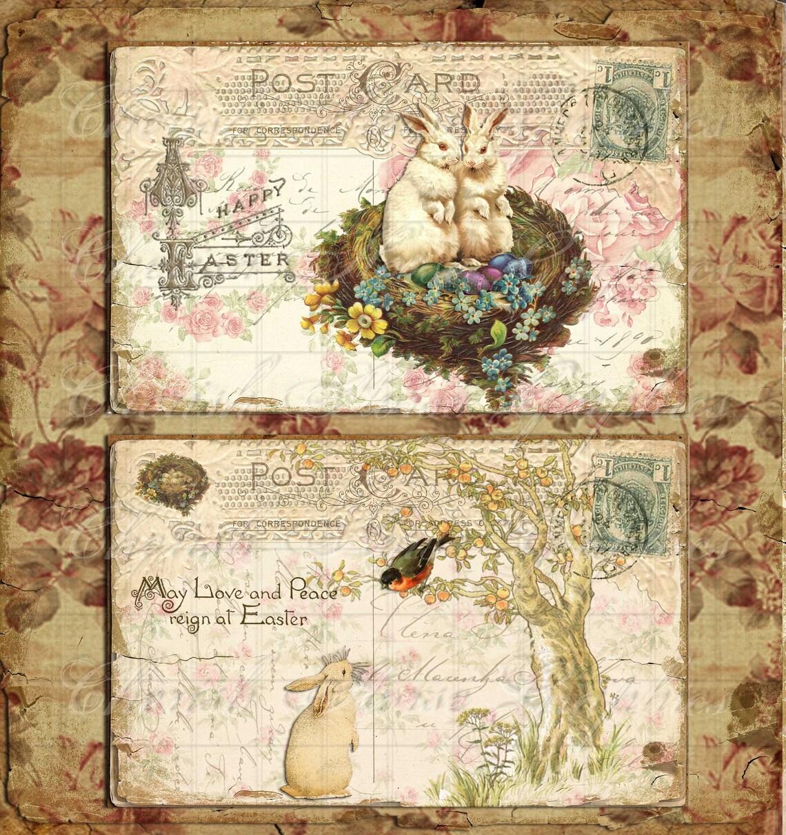 Victorian Easter Bunny Postcards Set of 4 Instant Download Digital ...