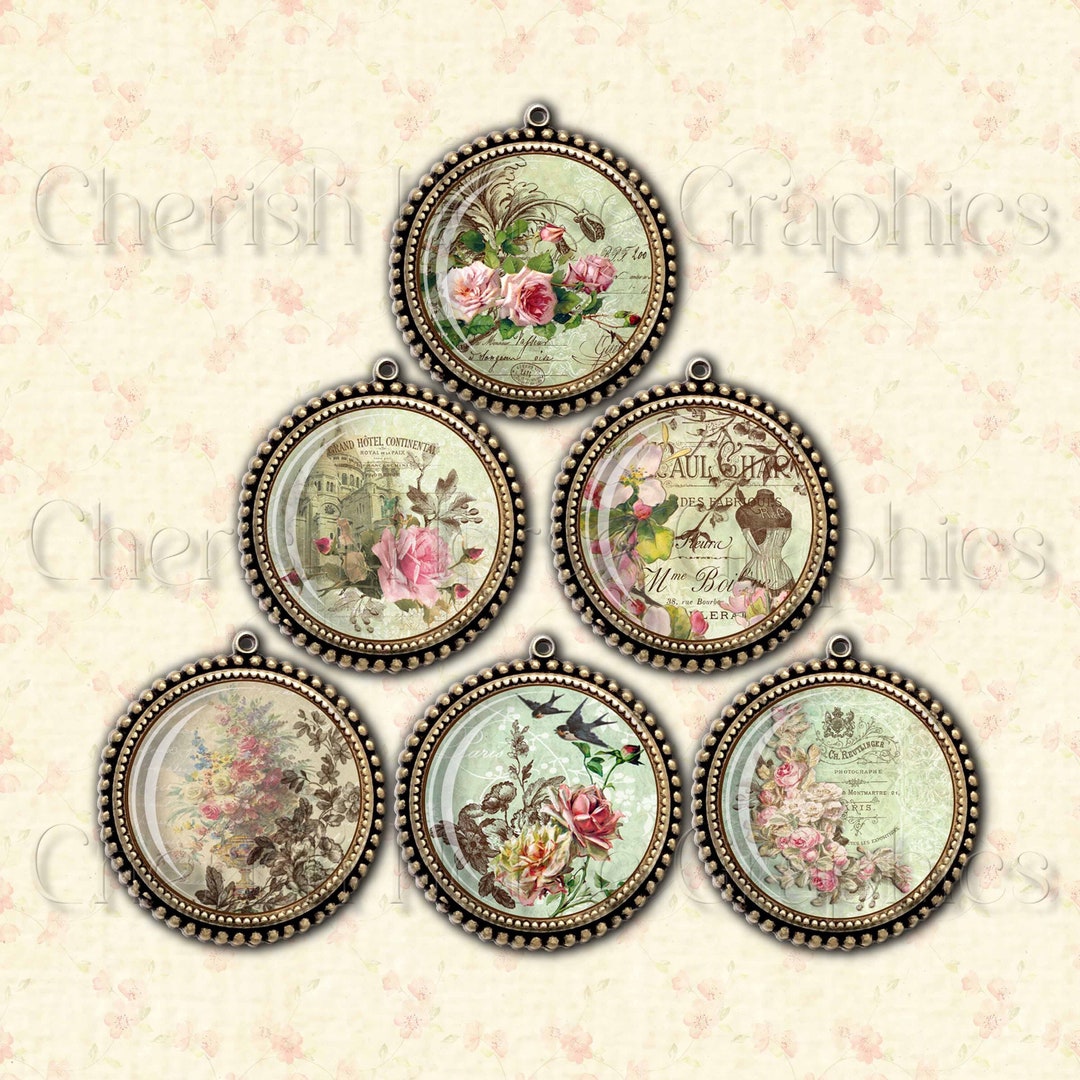 Paris Chic Circle Images, Floral Ephemera Pendants (digital Download ...