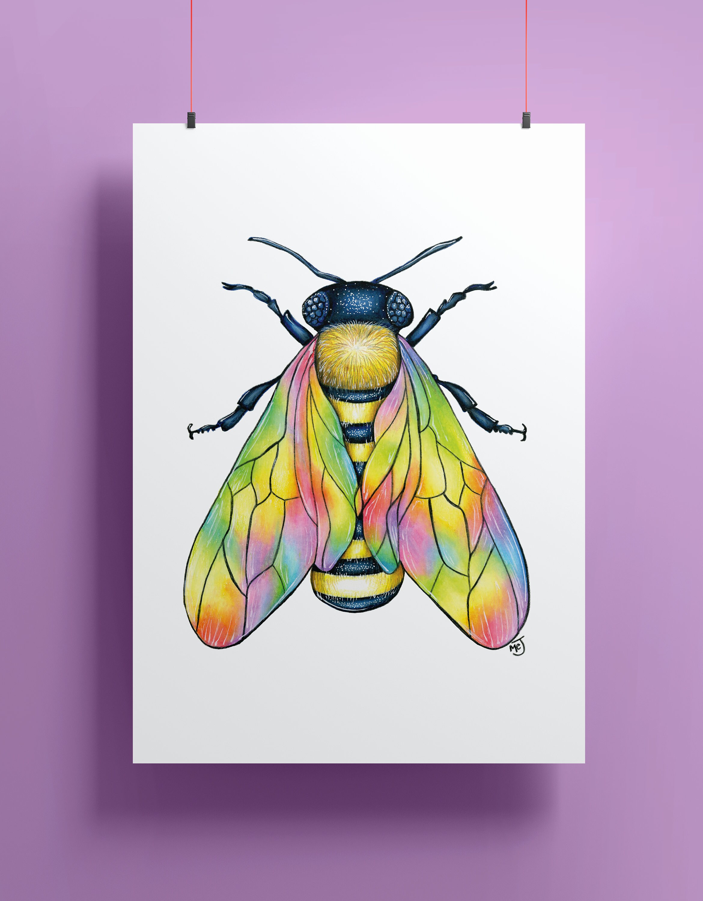 Bee Original Colored Pencil Drawing Print Hand Drawn Animal Art Rainbow ...