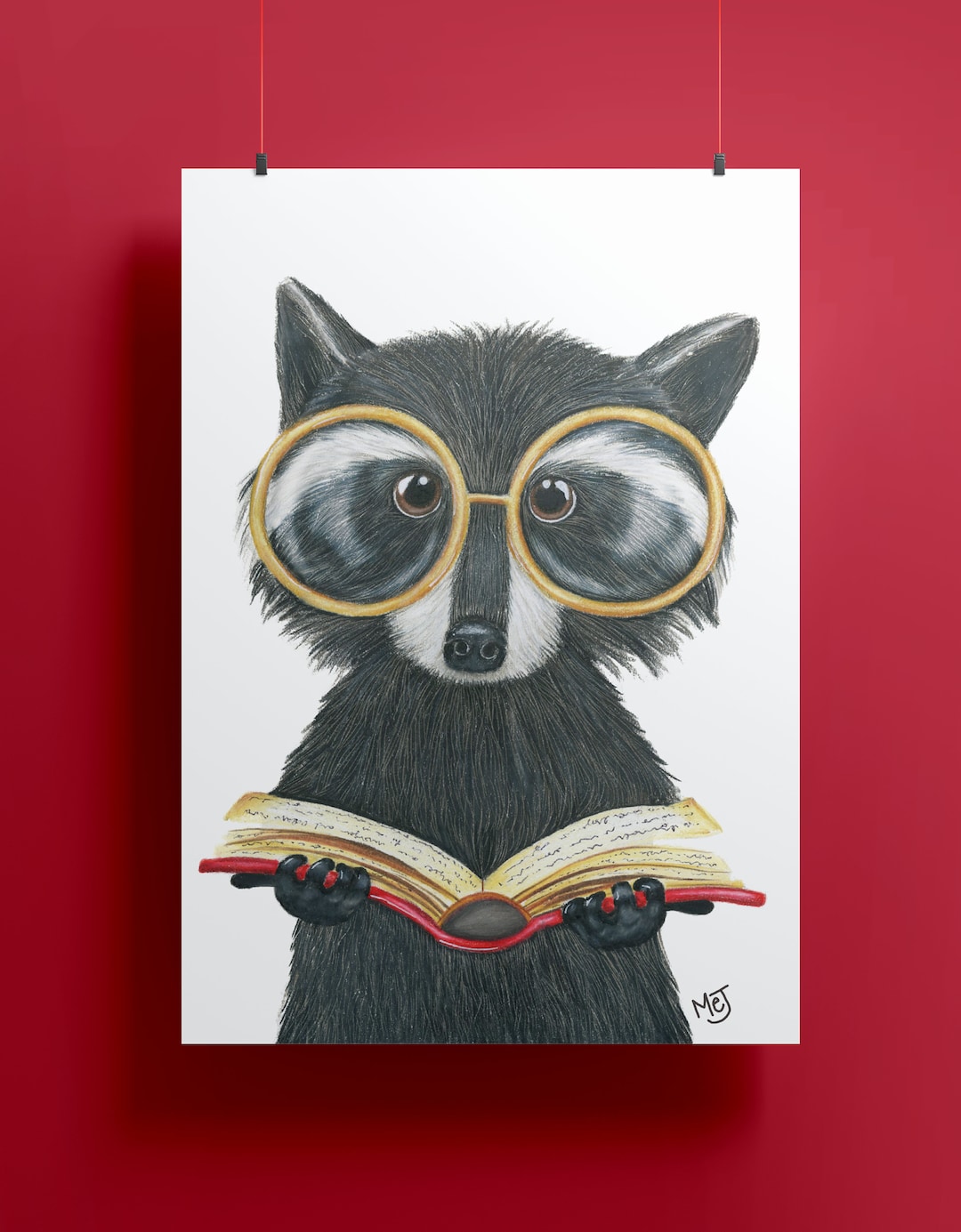 Reading Raccoon Original Colored Pencil Drawing Print Hand Drawn Art ...