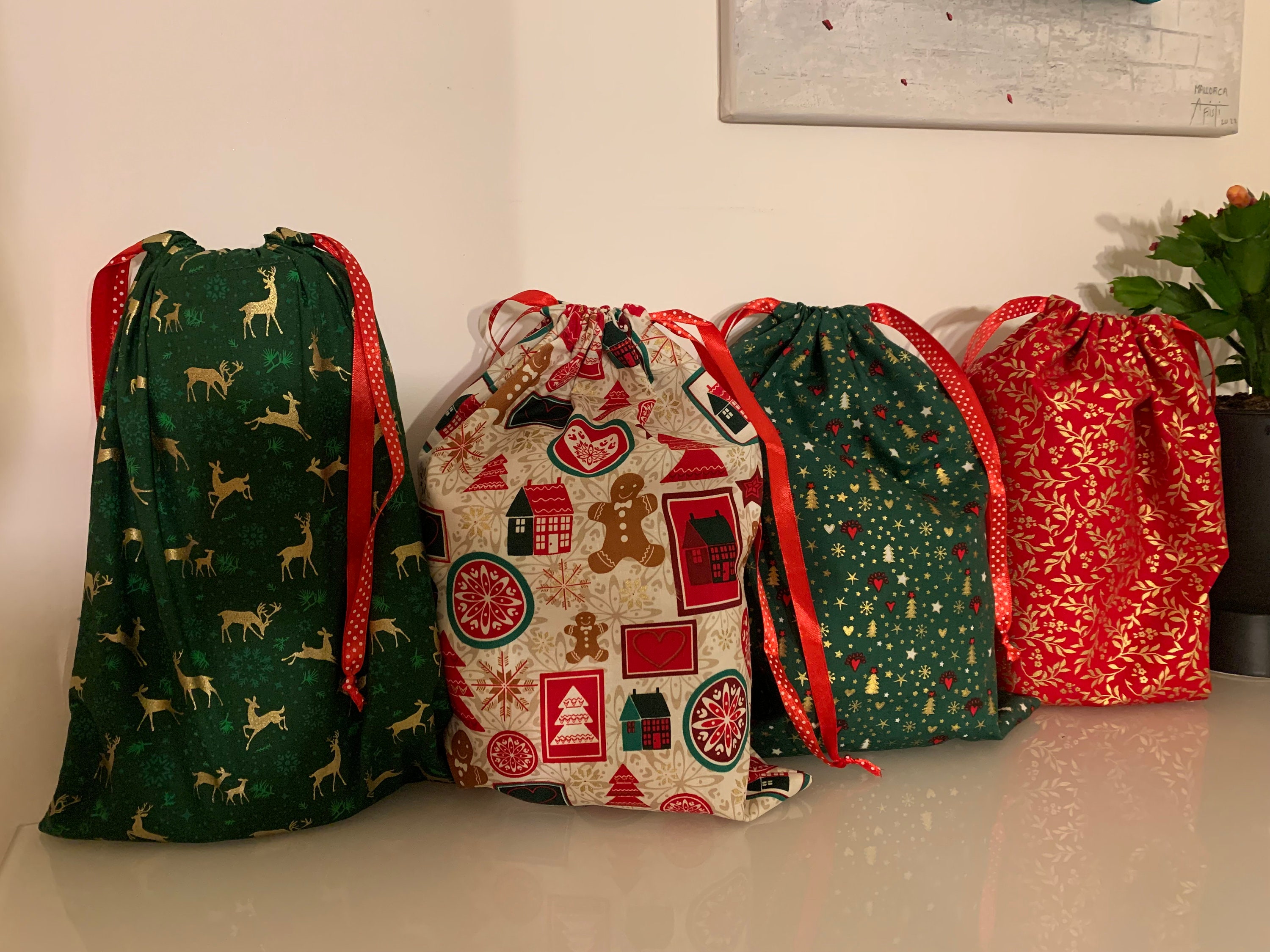 Sac cadeau Noël en tissu, emballage cadeau écologique, pochon tissu ...