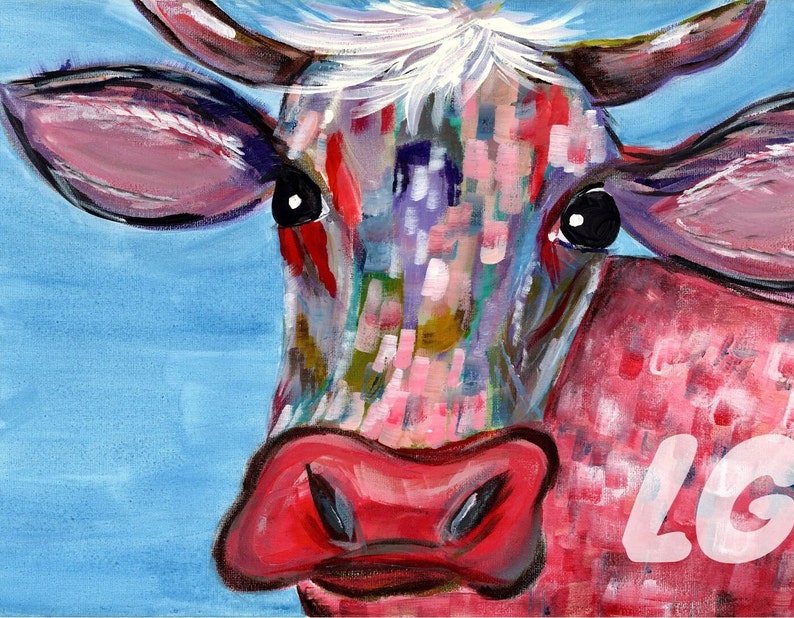 Printed Abstract Cow Acrylic Painting, Expressive in Color Cow, Cow ...