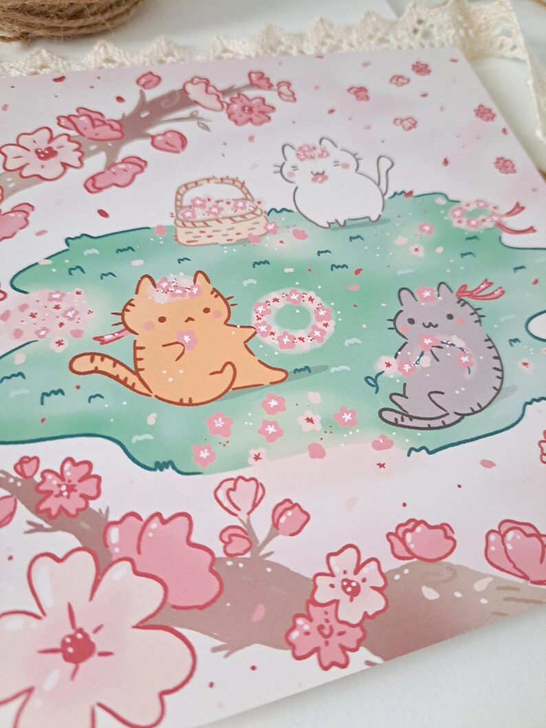 Flower Spring Kawaii Art, Cute Cats in the Garden, Cherry Blossom ...