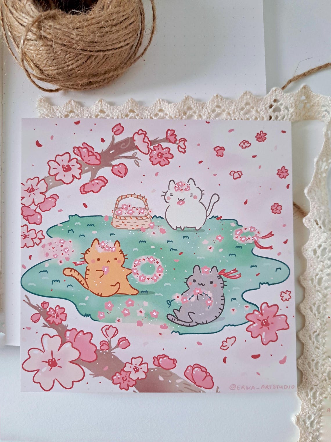 Flower Spring Kawaii Art, Cute Cats in the Garden, Cherry Blossom ...